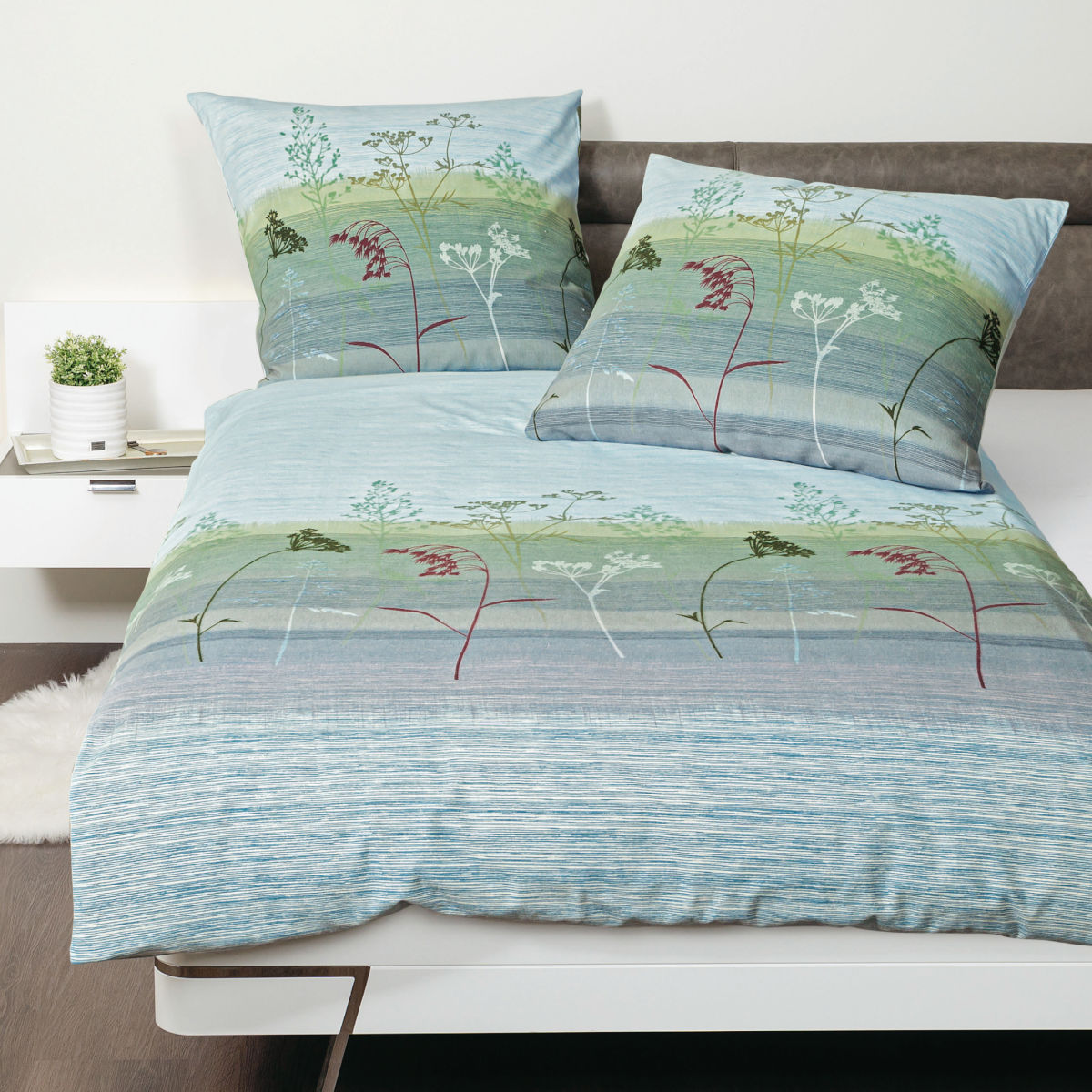 Janine Feinbiber Bettwäsche Davos Design 65123-02 steinblau grün Gräser ...